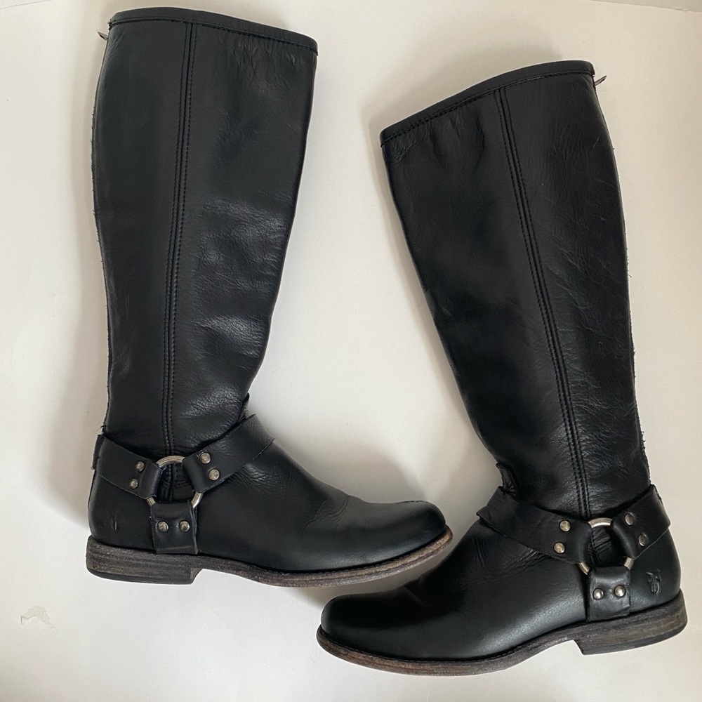 Frye Phillip Harness Tall Black Leather Boots - 7.5 - Gem